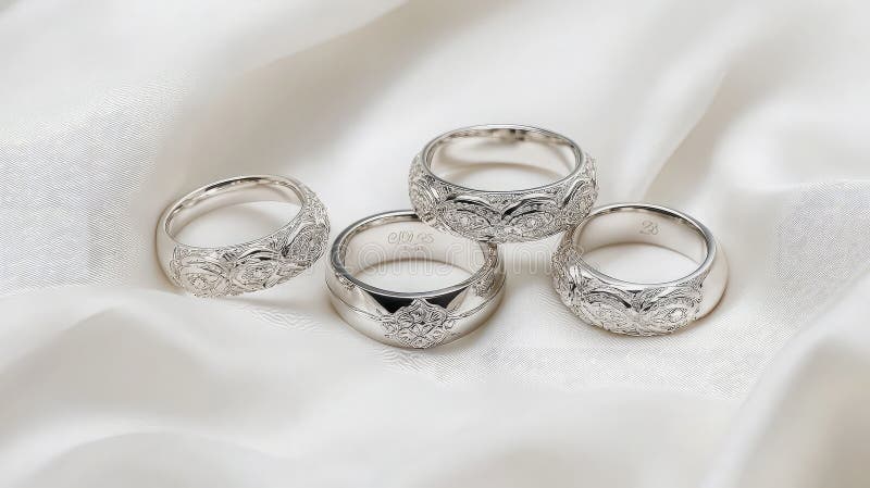 Four Elegant Silver Rings with Intricate Designs Lie on a White Silk ...