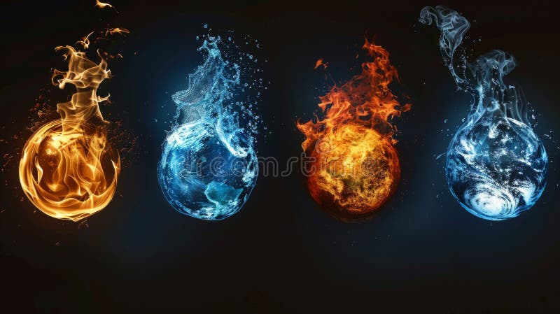 Four Elemental Spheres Representing Fire, Water, Earth, and Air on a ...
