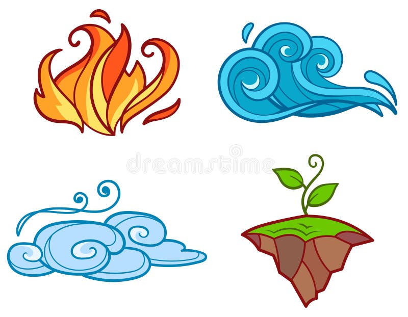 Four Elements in Cartoon Style Stock Illustration - Illustration of ...