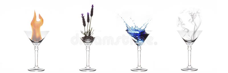 Four Elements of Fire, Plant, Water and Air in Martini Glasses Stock ...