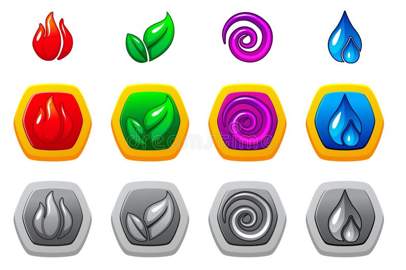Four Elements Nature Icons, Wooden Shield Set. Wind, Fire, Water, Earth ...