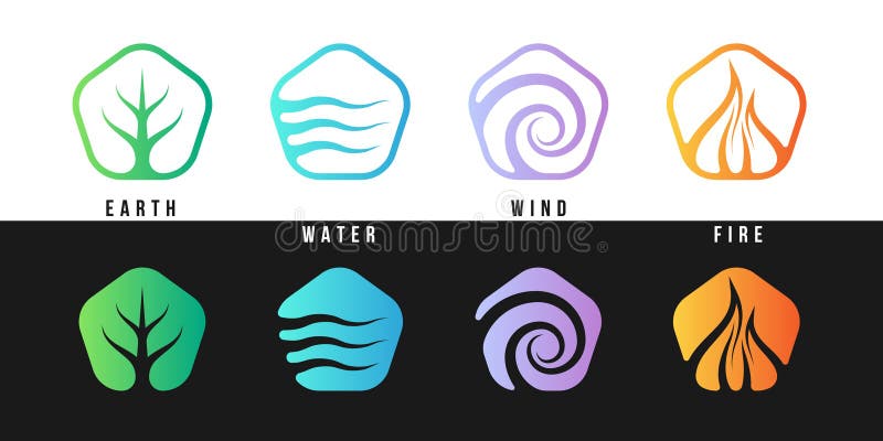 4 Four Elements of Nature Symbols - Earth Water Wind and Fire with ...