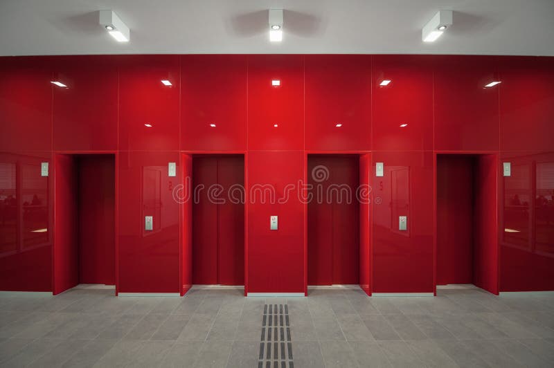 Four Elevator Doors in a Red Wall. Stock Image - Image of floor, people ...