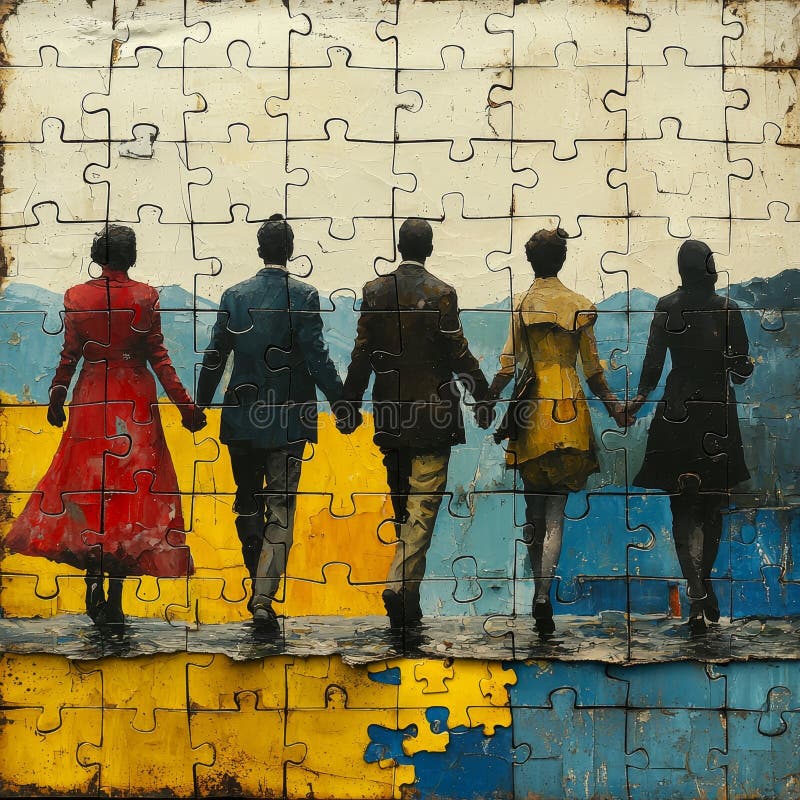Four Employees Standing Together, Holding Hands in Front of Puzzle ...