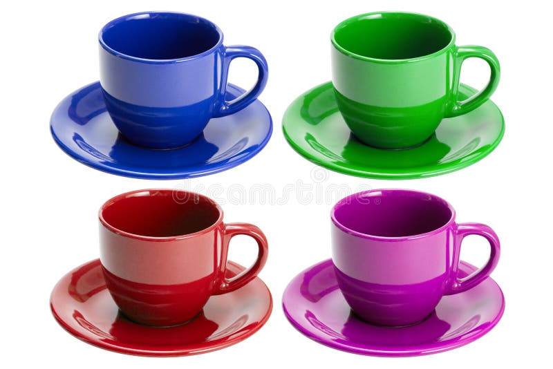 Four Empty Cups and Saucers, Isolated Stock Image - Image of blue ...