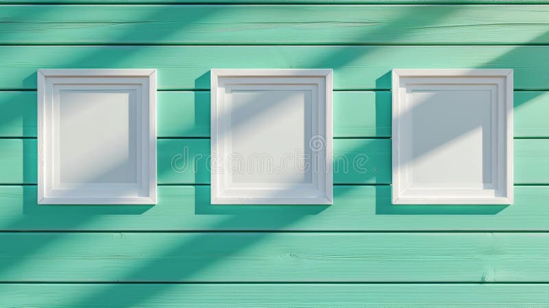 Four Empty Frames on Green Wooden Wall Mockup Display for Art and Decor ...
