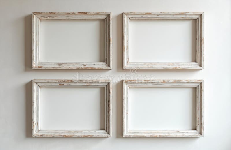 Four Empty Frames Hang on Wall, Creating Gallery Mock-up. White Frames ...