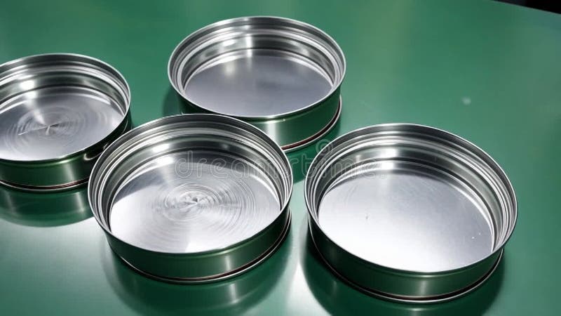 Four Empty Circular Metal Containers with Green Exteriors Arranged on a ...