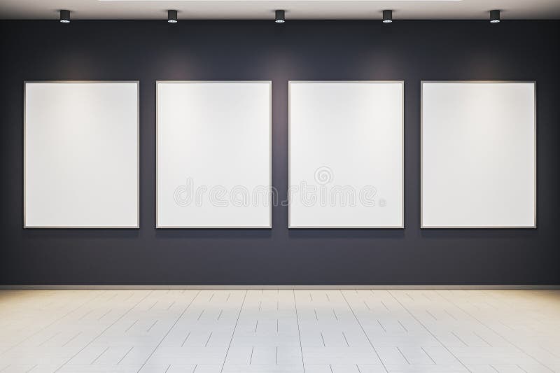 Modern Art Gallery Interior with Four Blank Vertical Frames on Dark ...