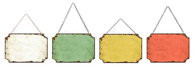 Four Empty Vintage Tin Signs Hanging on a White Background Stock Image ...
