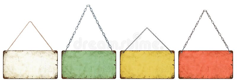 Four Empty Vintage Tin Signs Hanging on a White Background Stock Image ...