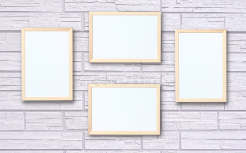 Four Empty Wooden Picture Frames on the Wall Stock Image - Image of ...