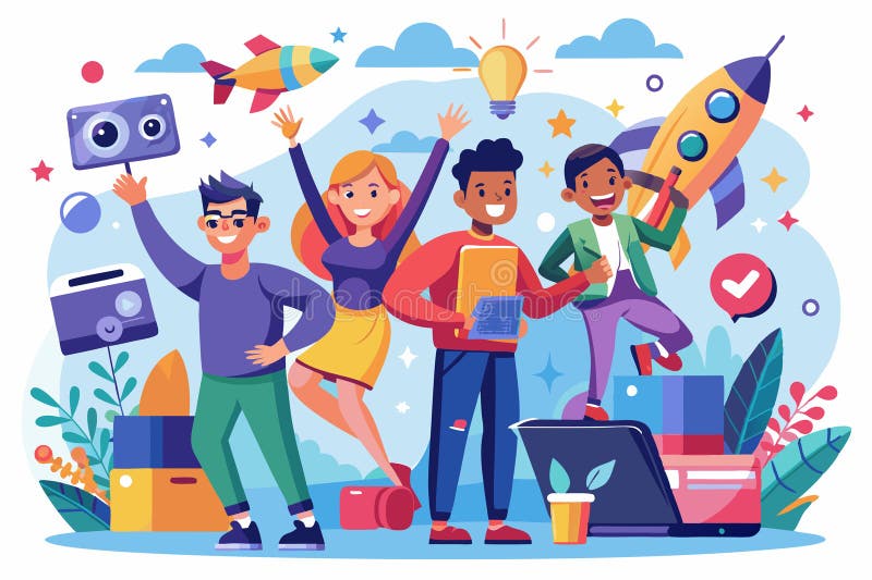 Four Enthusiastic Individuals Engage in Creative Activities, Surrounded ...