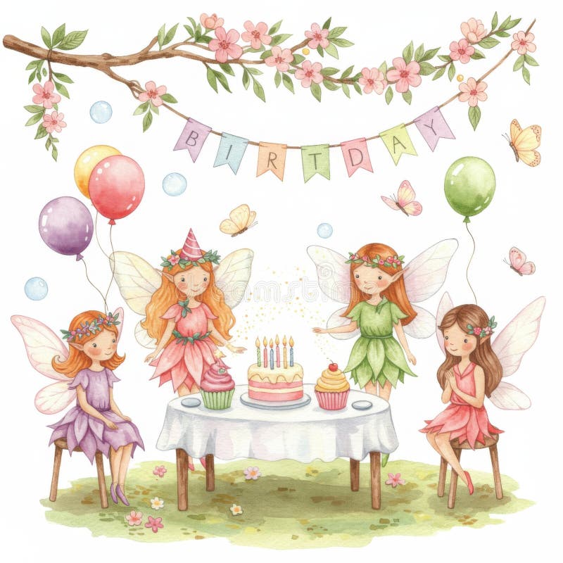 Four Fairies Celebrating Birthday with Cake and Balloons Stock ...