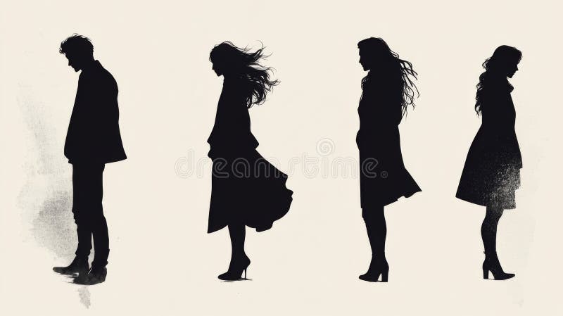 Four Female Silhouettes in Black and White Minimalist Style Stock ...