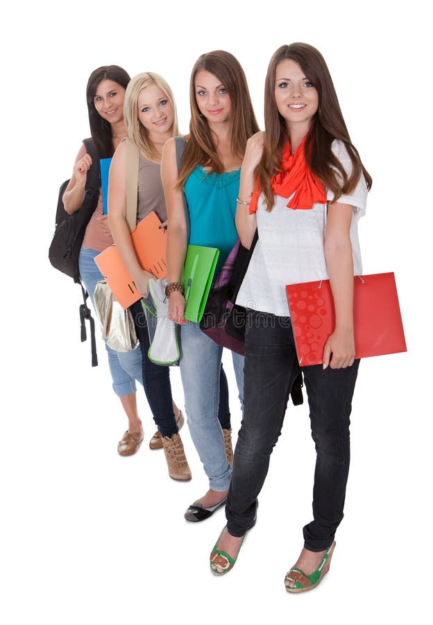 Four Female Students in a Row Stock Image - Image of isolated, people ...
