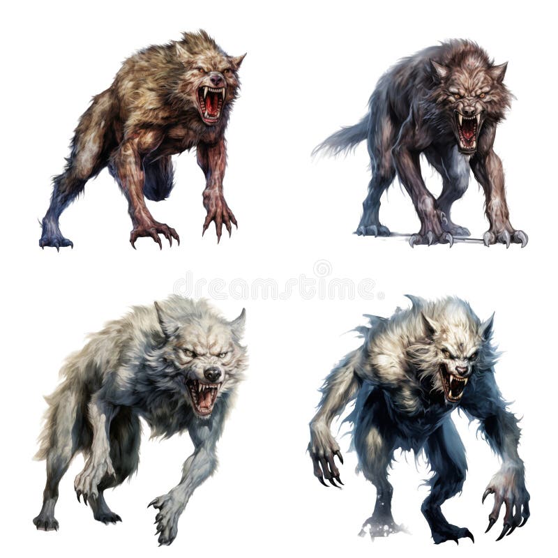 Four Ferocious Werewolves with Bared Teeth and Claws Stock Photo ...