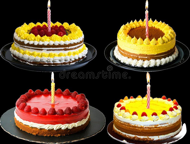 Four Festive Birthday Cakes with Colorful Decorations and Candles Stock ...