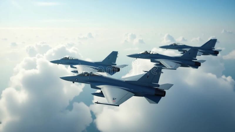 Four Fighter Jets Flying in Formation Above Clouds Stock Video - Video of force, white: 384363691