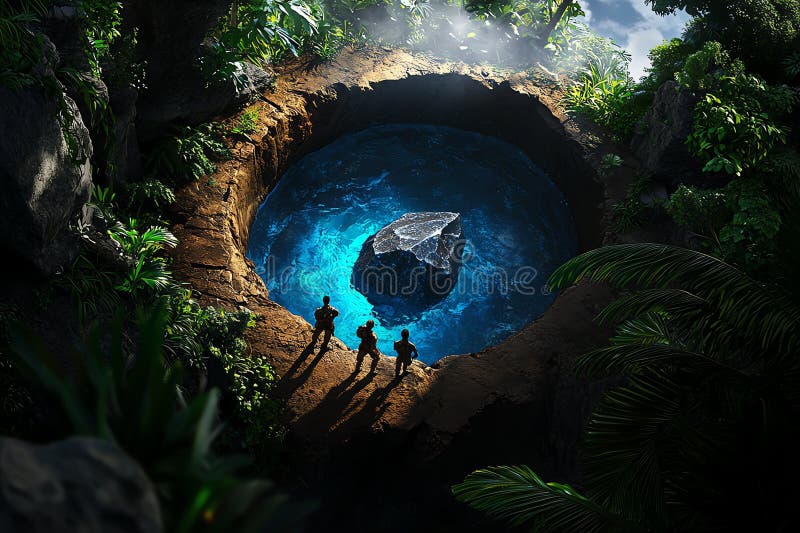 Four Figures Stand on a Cliff Overlooking a Deep Chasm Filled with ...