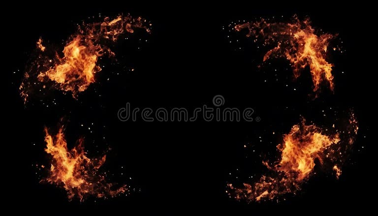 Four Separate Fire Bursts with Embers on a Black Background Creating a ...