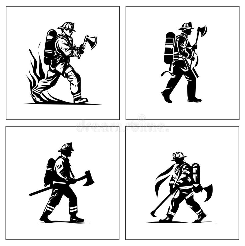 Four Fire Fighter with Weapon Silhouette Design Stock Vector ...