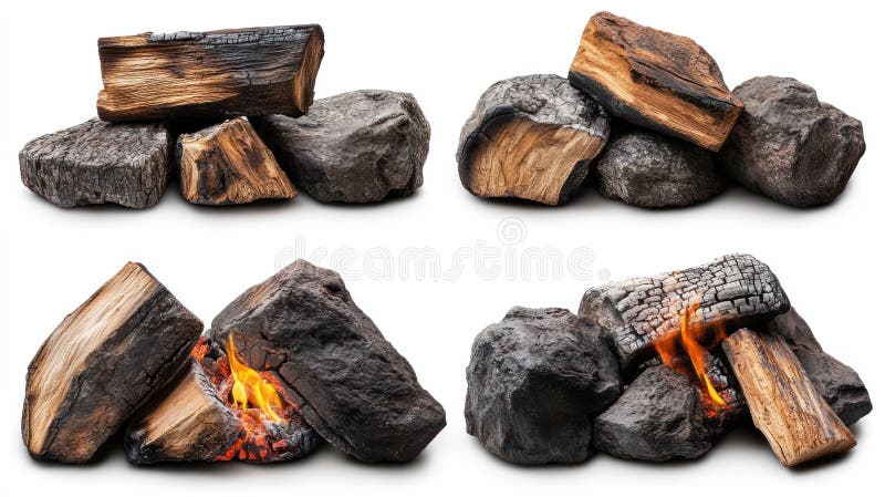 Four Fireplace Logs and Rocks, Various Stages of Burning, Isolated on ...