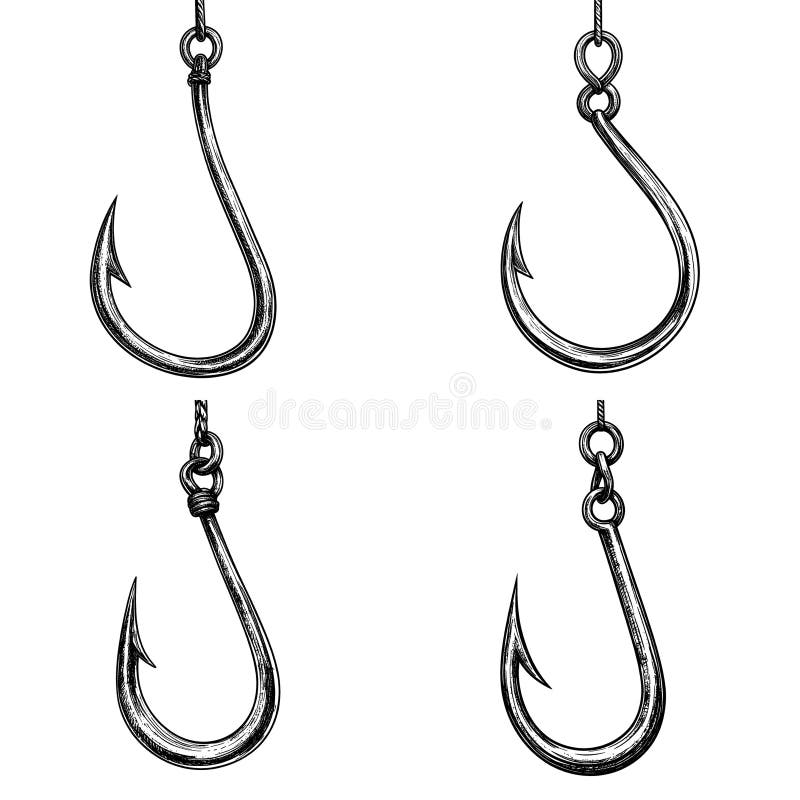 Four Fishing Hooks Line Art Illustration Stock Photo - Illustration of ...
