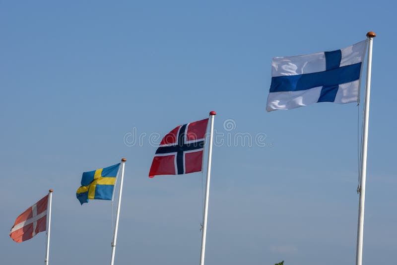 Flags of the Scandinavian Countries Stock Image - Image of clear, pole ...