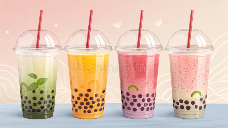 Four Flavors Bubble Tea Cups, Digital Art, Drink Concept, Boba Tea ...