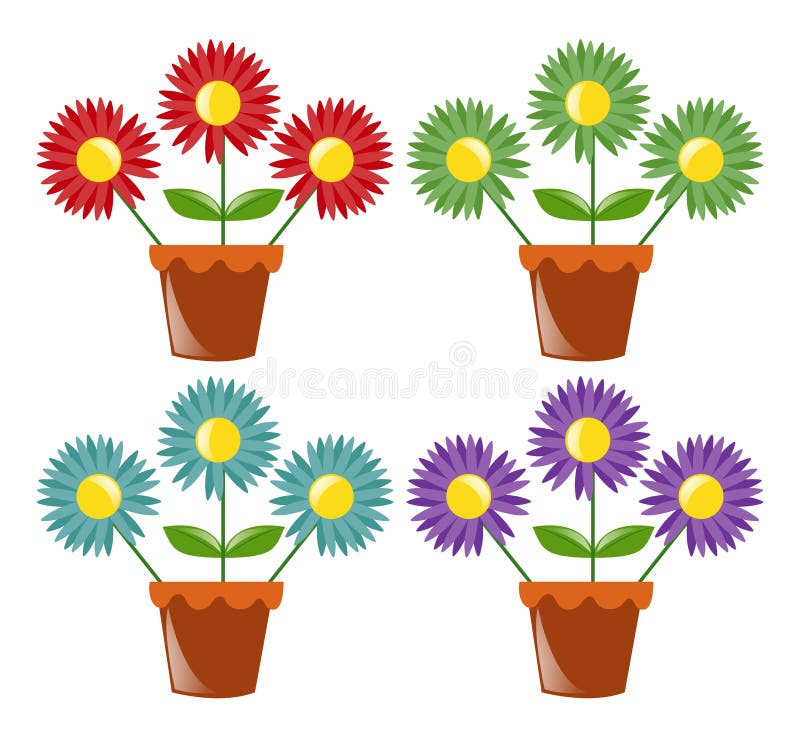 Four Flower Pots with Flowers Stock Vector - Illustration of purple ...