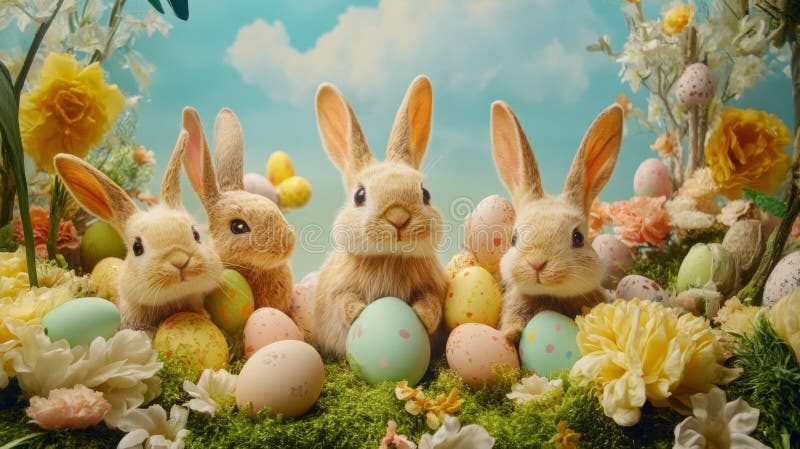 Four Fluffy Brown Rabbits with Pastel Easter Eggs and Spring Flowers ...