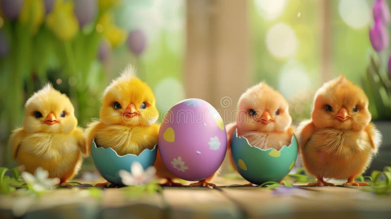 Four Fluffy Chicks Perch Curiously beside Painted Easter Eggs, with a ...