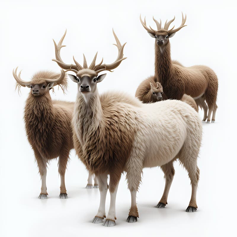 Four Fluffy Deer-Like Creatures in a Whimsical White Studio Setting ...