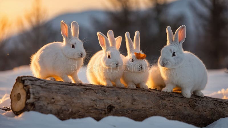 Adorable White Rabbits on a Log at Sunset in Winter Stock Illustration ...