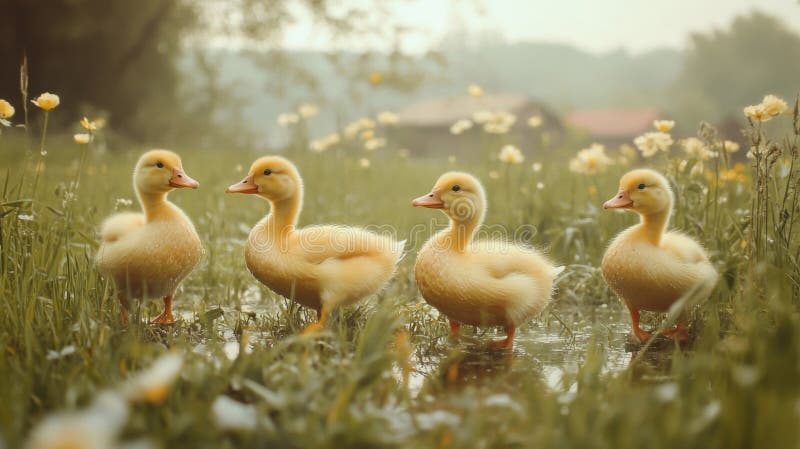 Four Fluffy Yellow Ducklings in a Spring Meadow Stock Illustration ...