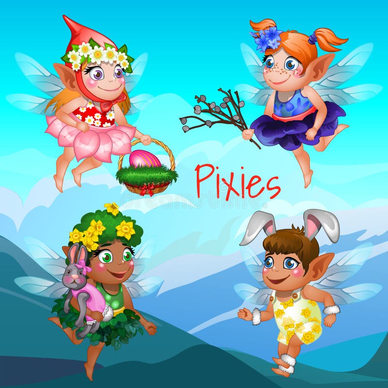 Four Flying Fairies with Different Accessories and Stock Illustration ...