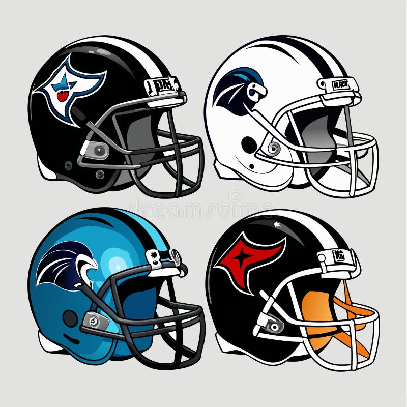 Four Football Helmets with Different Colors and Logos Stock ...