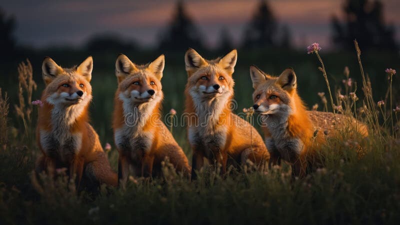 Golden Hour Red Foxes Family Portrait in Meadow Stock Illustration ...