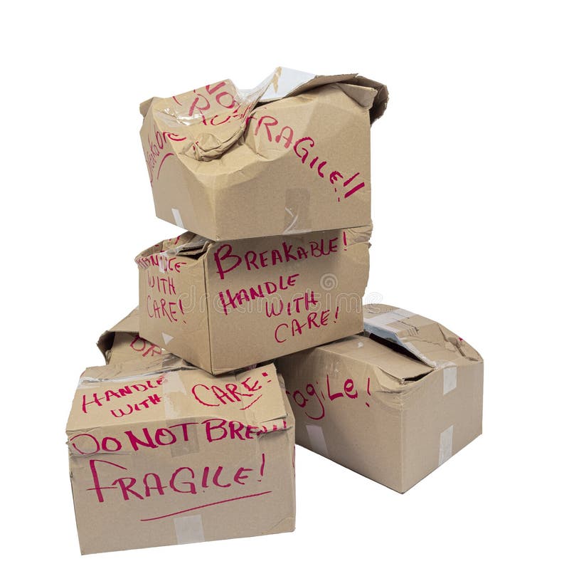 Four Fragile Boxes Destroyed in Shipping Isolated on White Stock Photo ...