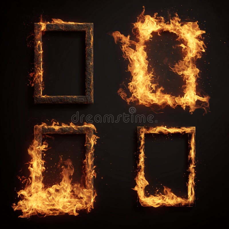 Four Frames Engulfed in Flames Against a Plain Simple Background Stock ...