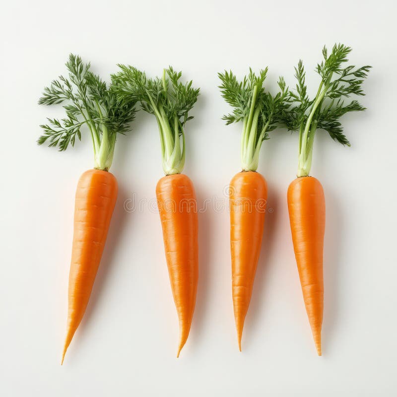 Four Fresh Carrots with Green Tops on White Background Stock ...