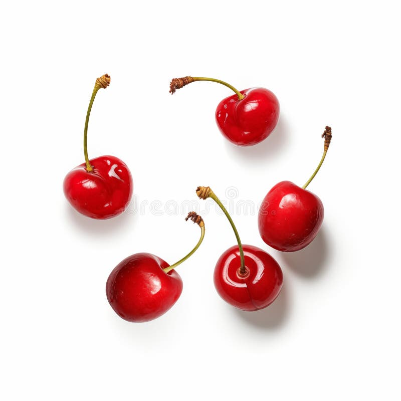 Four Fresh Cherries with Stems on White Background Stock Illustration ...