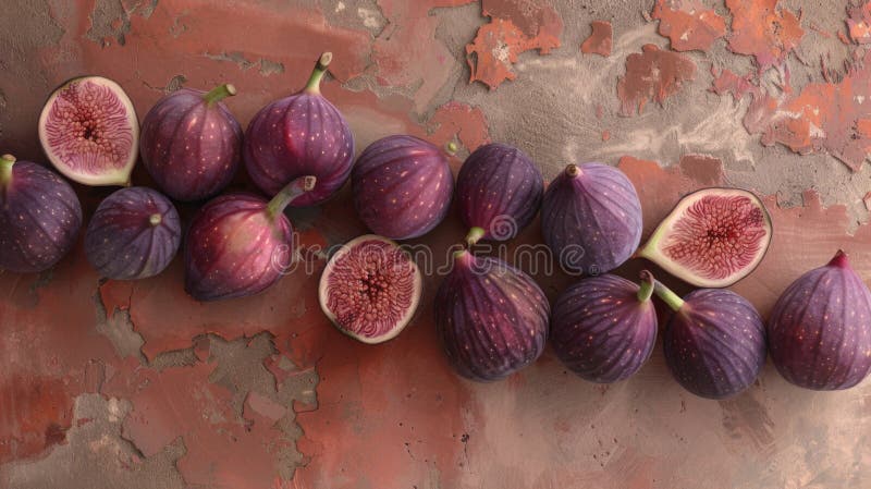 Four Fresh Figs Arranged on Rustic Background Highlighting Texture and ...