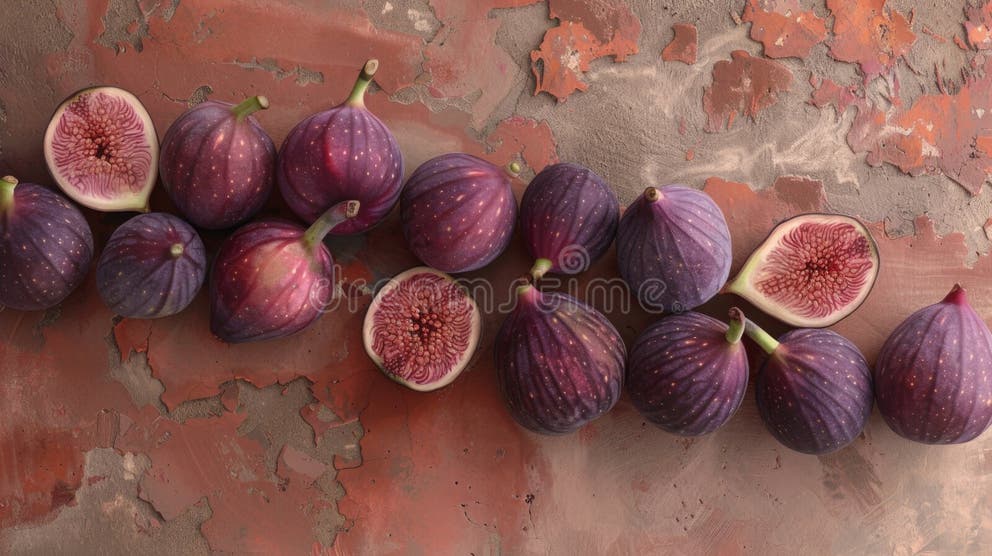 Four Fresh Figs Arranged on Rustic Background Highlighting Texture and ...