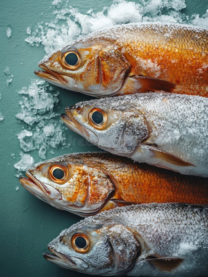 Four Fresh Fish on Ice, Arranged on a Textured Surface. Stock Image ...