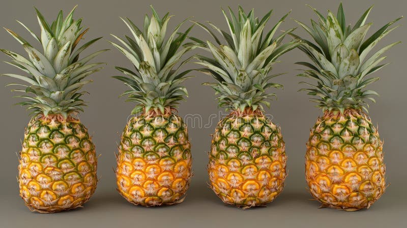 Four Fresh Pineapples with Vibrant Green Leaves Displayed on a Neutral ...