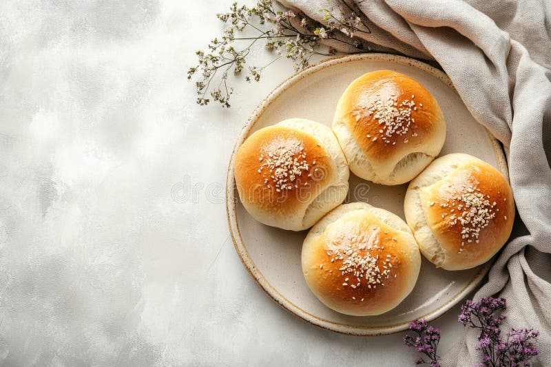 Four Freshly Baked Buns Resting on a Plate Stock Photo - Image of space ...