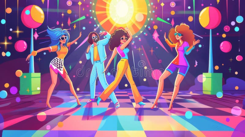 Four Friends are Dancing on a Brightly Colored Disco Floor Under a ...