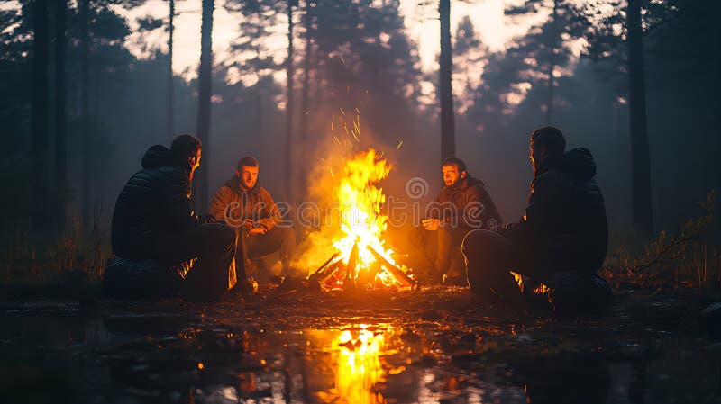 Four Friends Gather Around a Campfire in the Woods at Dusk, Sharing ...